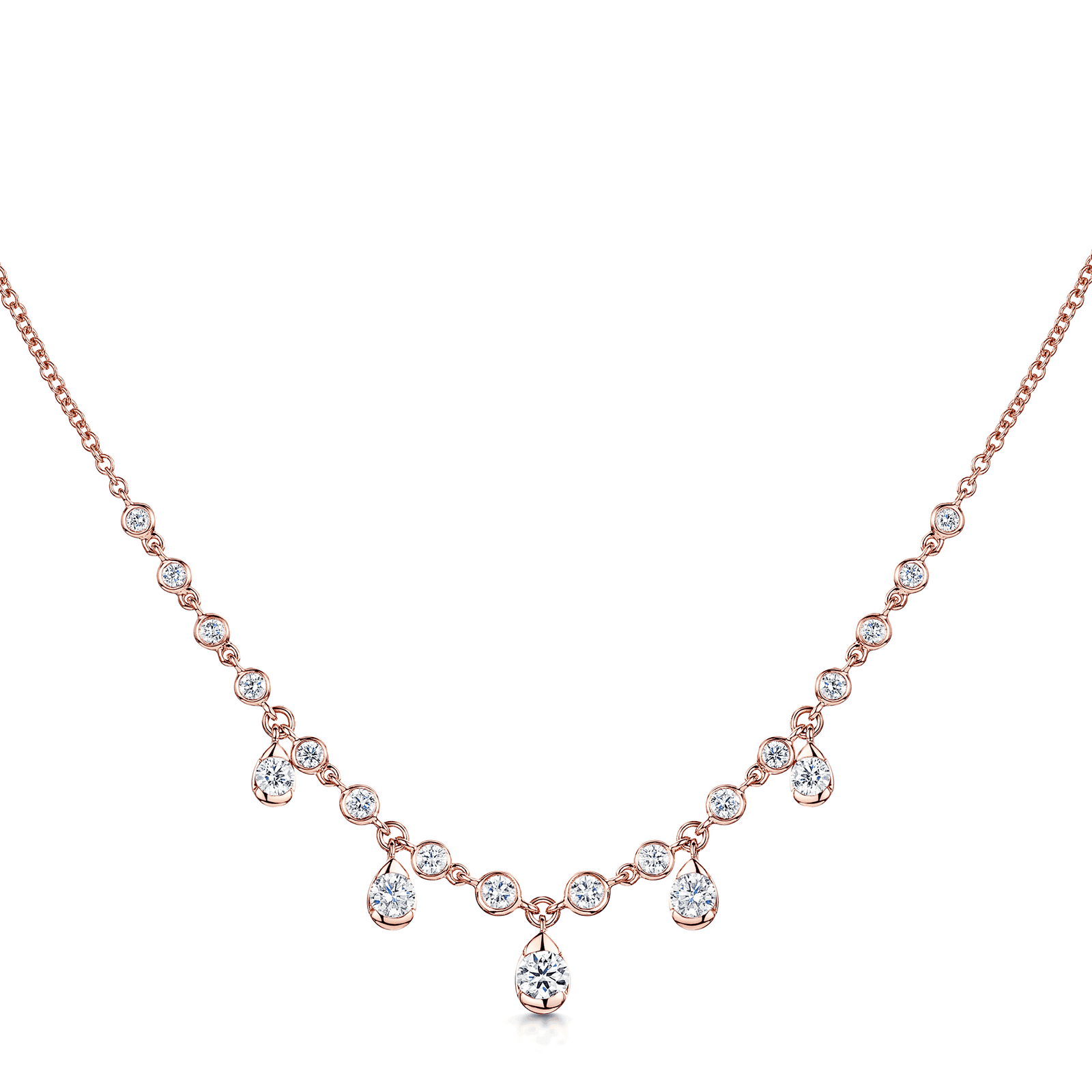 18ct Rose Gold Rub Over Set Diamond Necklet With Five Diamond Drops