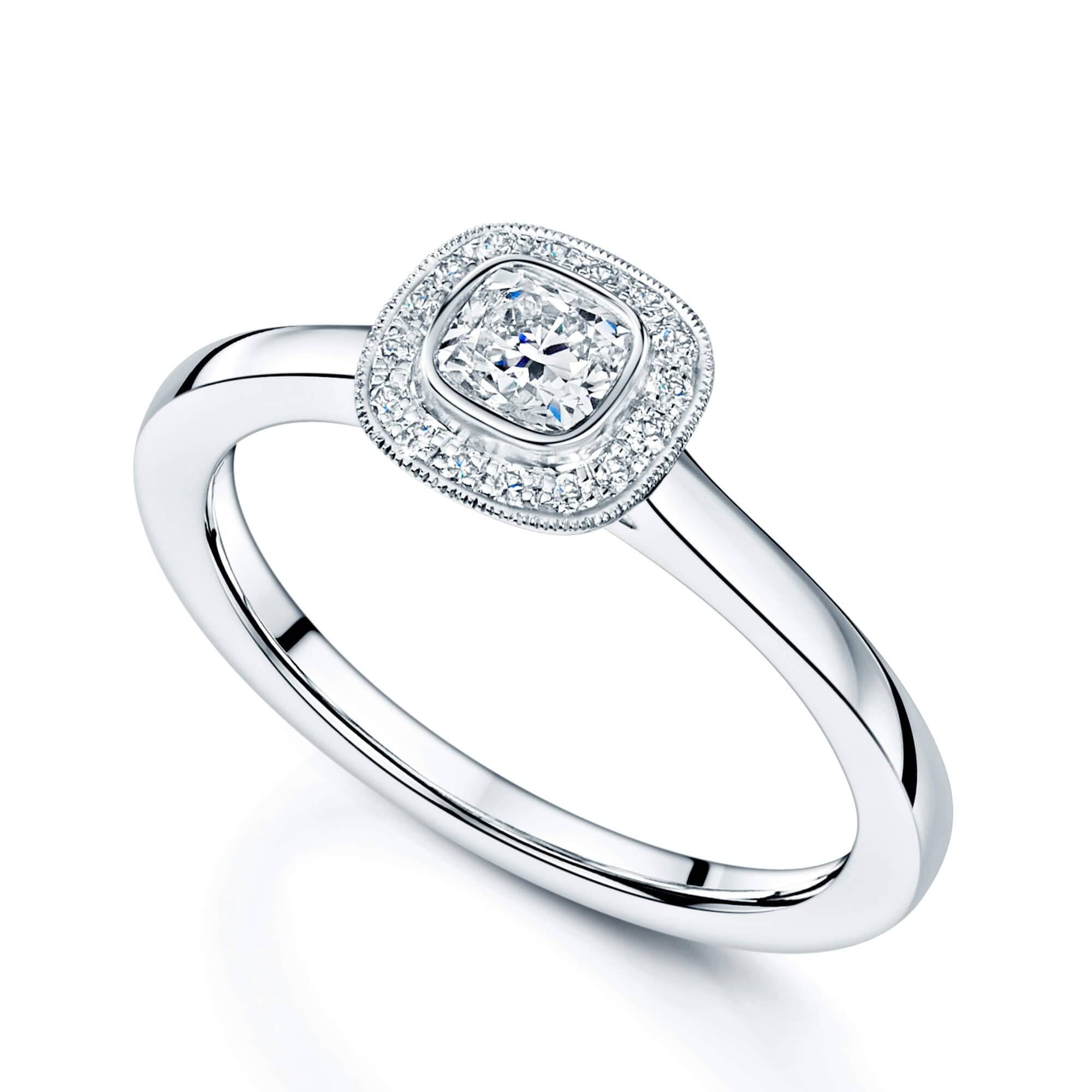 18ct White Gold Cushion Cut Halo Ring With Diamond Millgrain Edge Surr