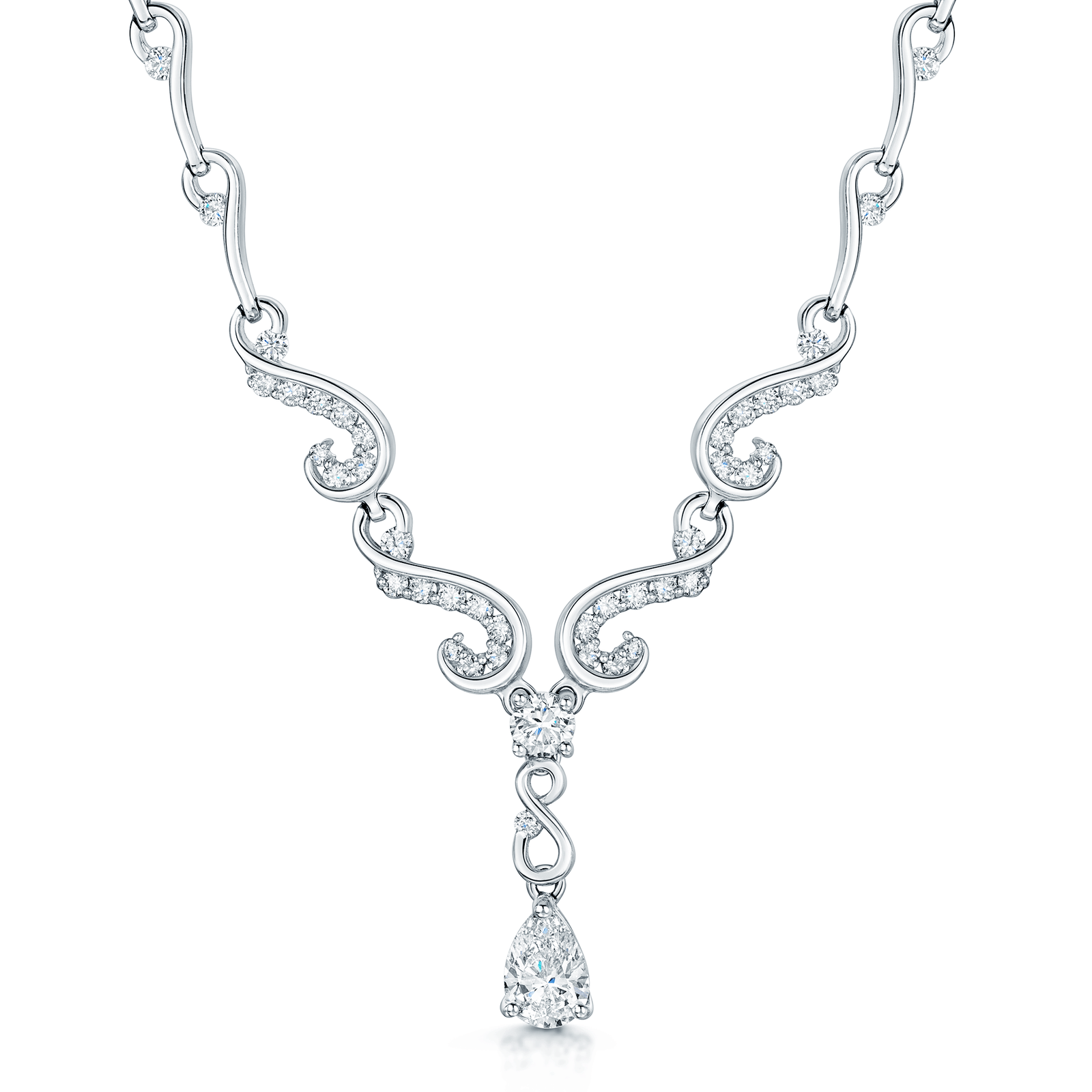 18ct White Gold Diamond Set Fancy Collarette Style Drop Necklace
