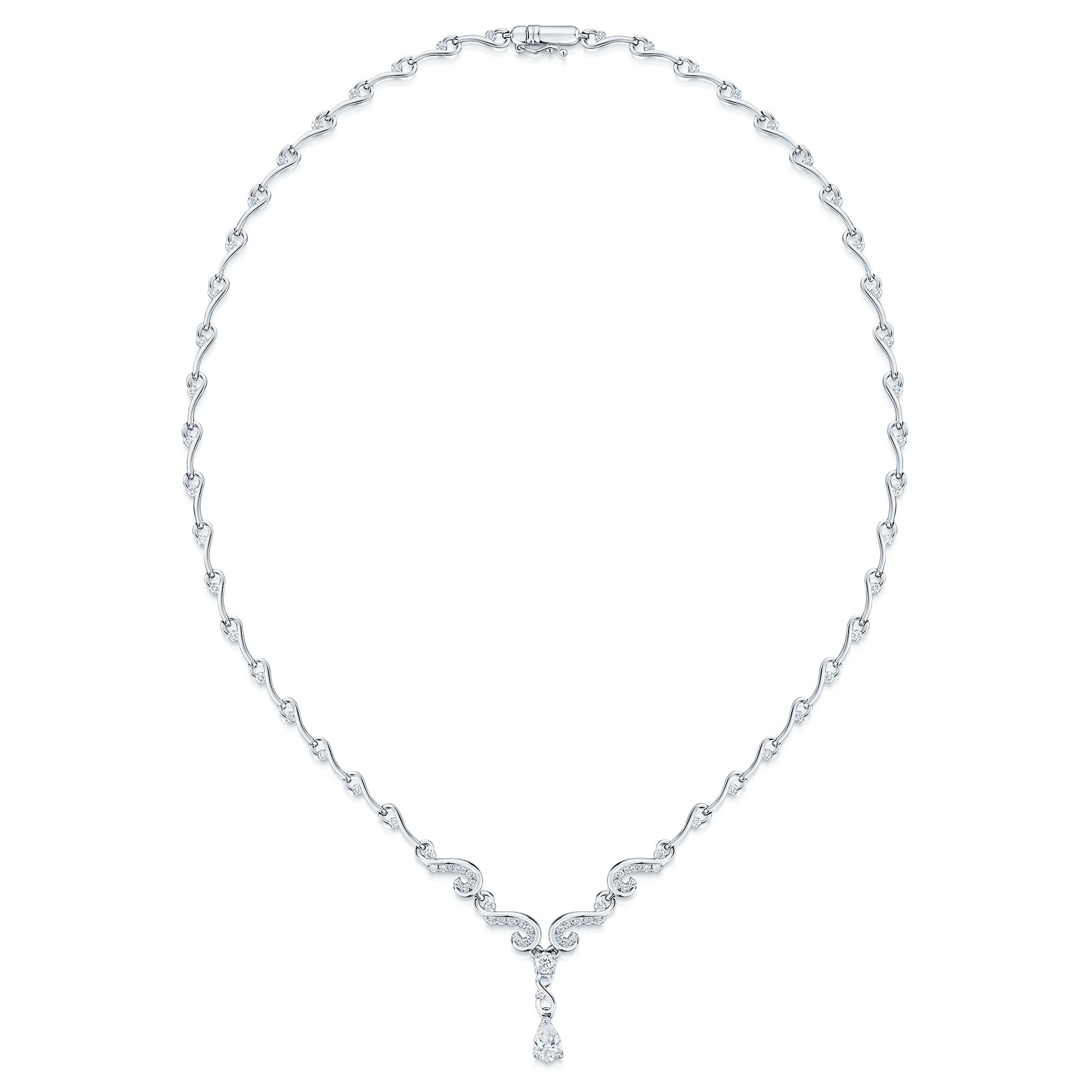 18ct White Gold Diamond Set Fancy Collarette Style Drop Necklace
