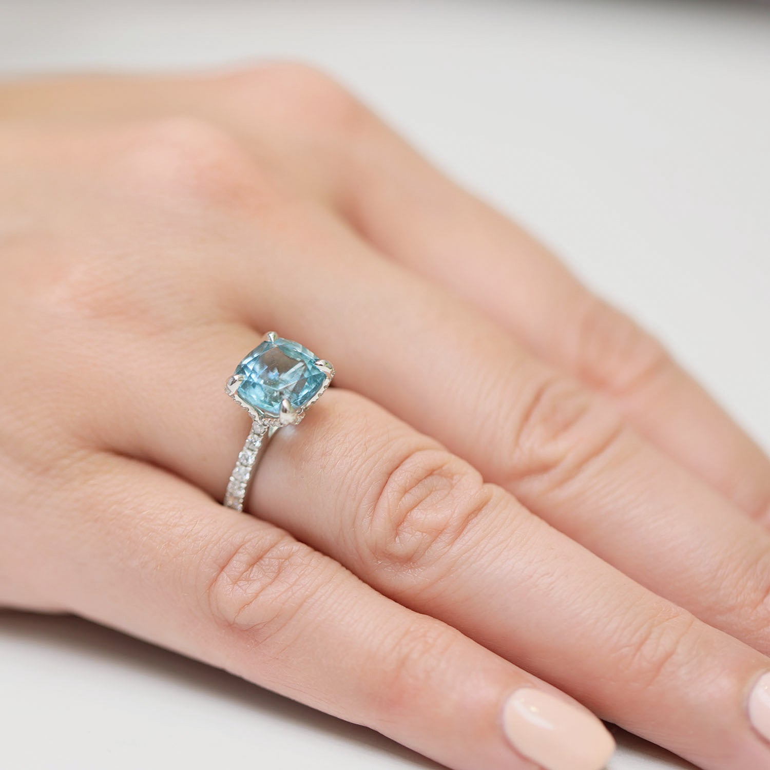Platinum Cushion Cut Aquamarine Diamond Ring