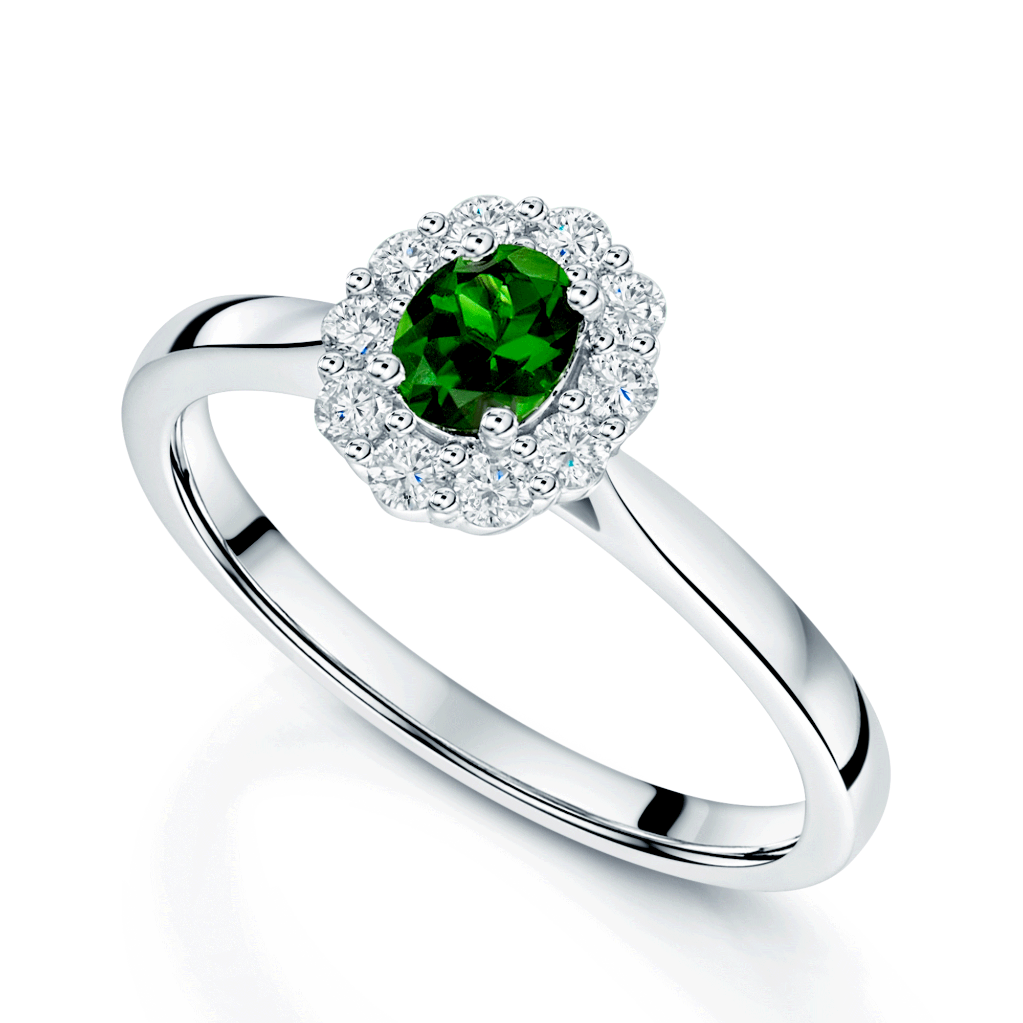 Platinum Oval Cut Tsavorite And Round Brilliant Cut Diamond Cluster Ri