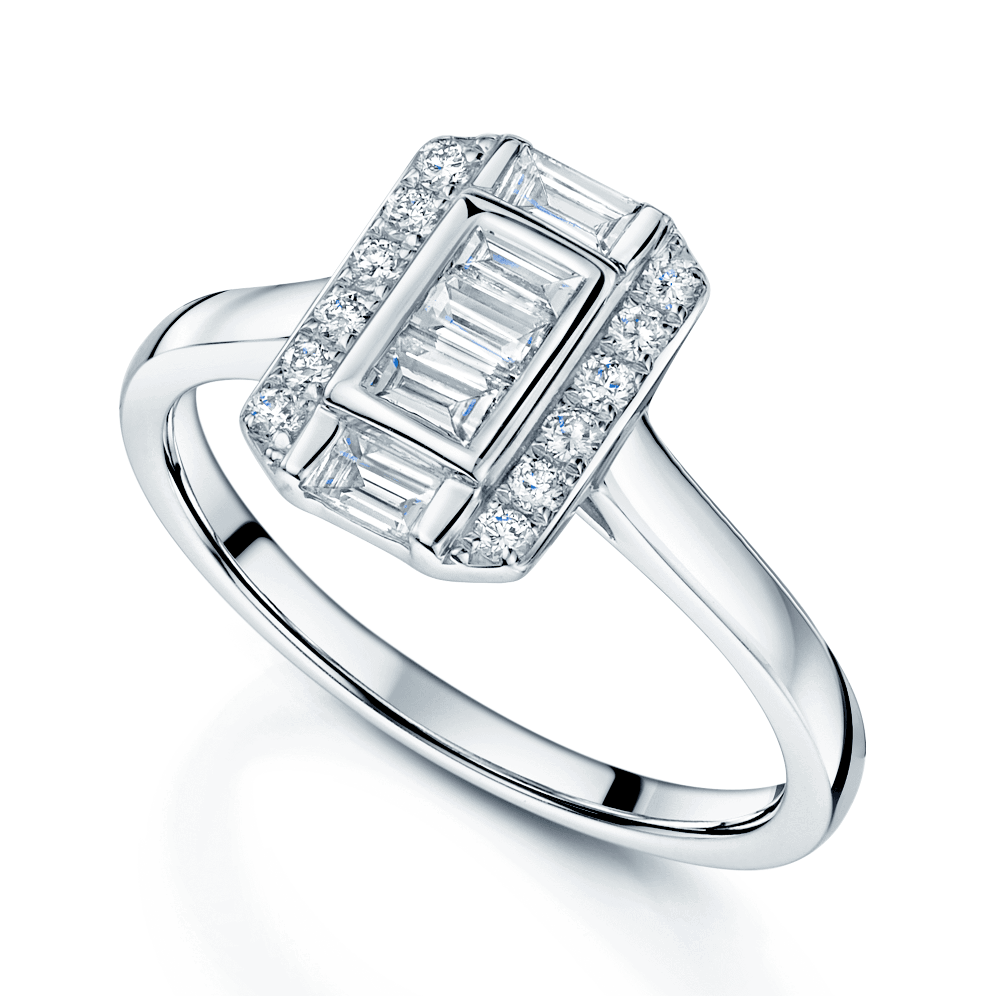 Platinum Round Brilliant And Baguette Cut Rectangular Cluster Ring