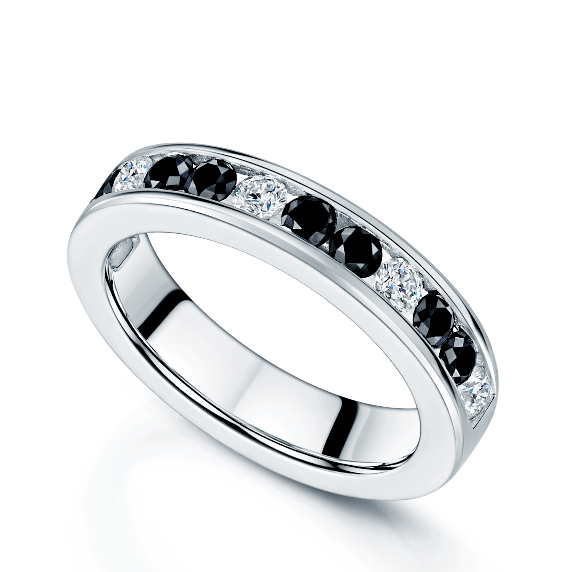 Platinum Round Brilliant Cut Eight Black & White Diamond Channel Set H
