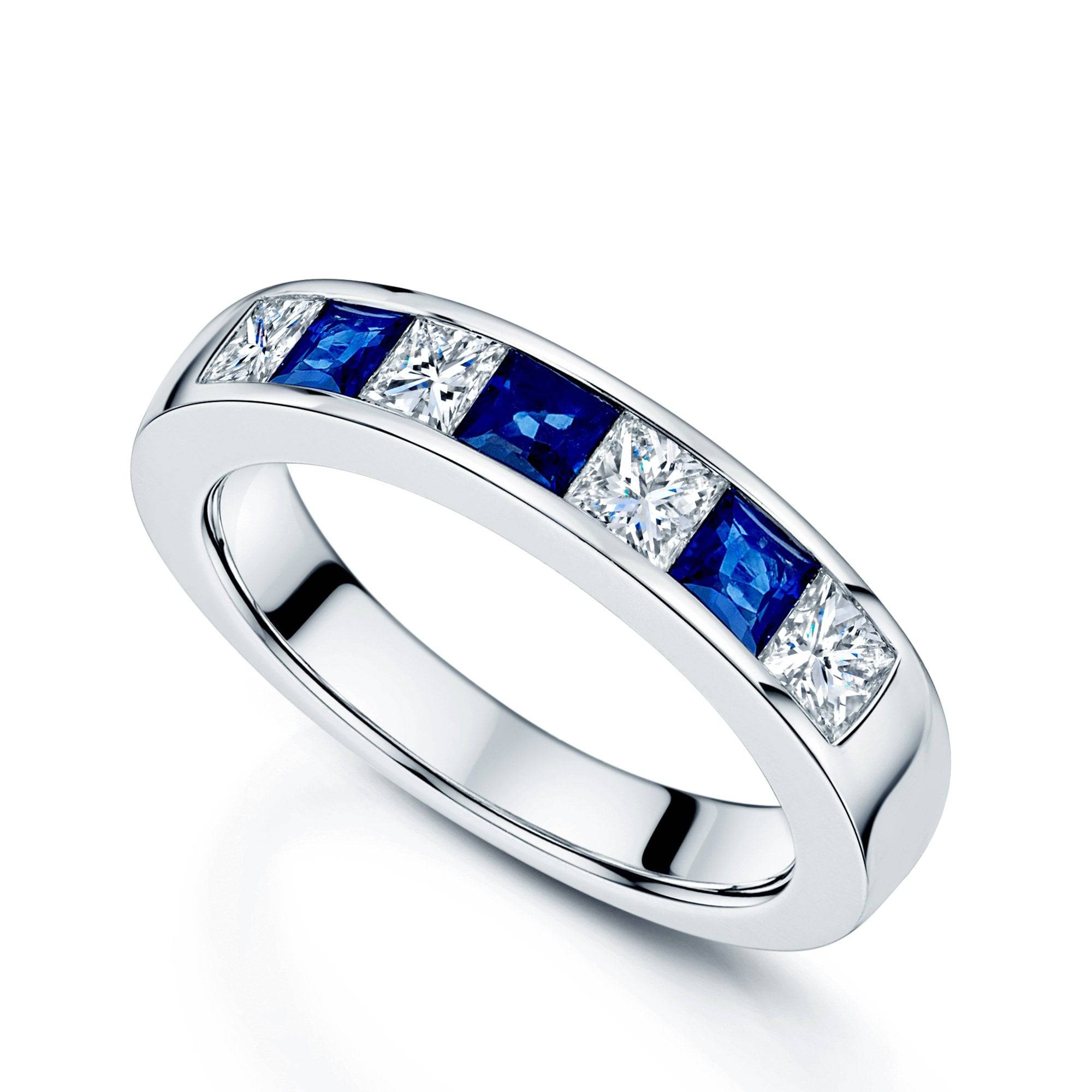 Berry s Platinum Channel Set Square Sapphire Princess Cut Diamond Seven Stone Half Eternity Ring