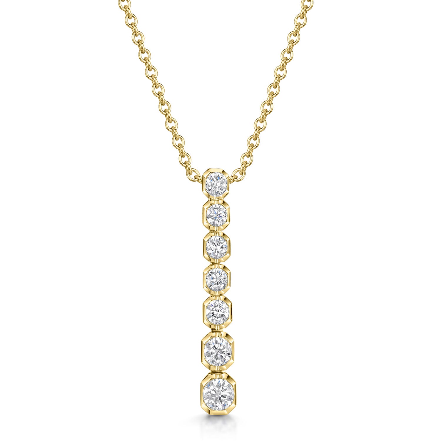 18ct Yellow Gold Round Brilliant Cut Diamond Rub Over Set Long Drop Pe