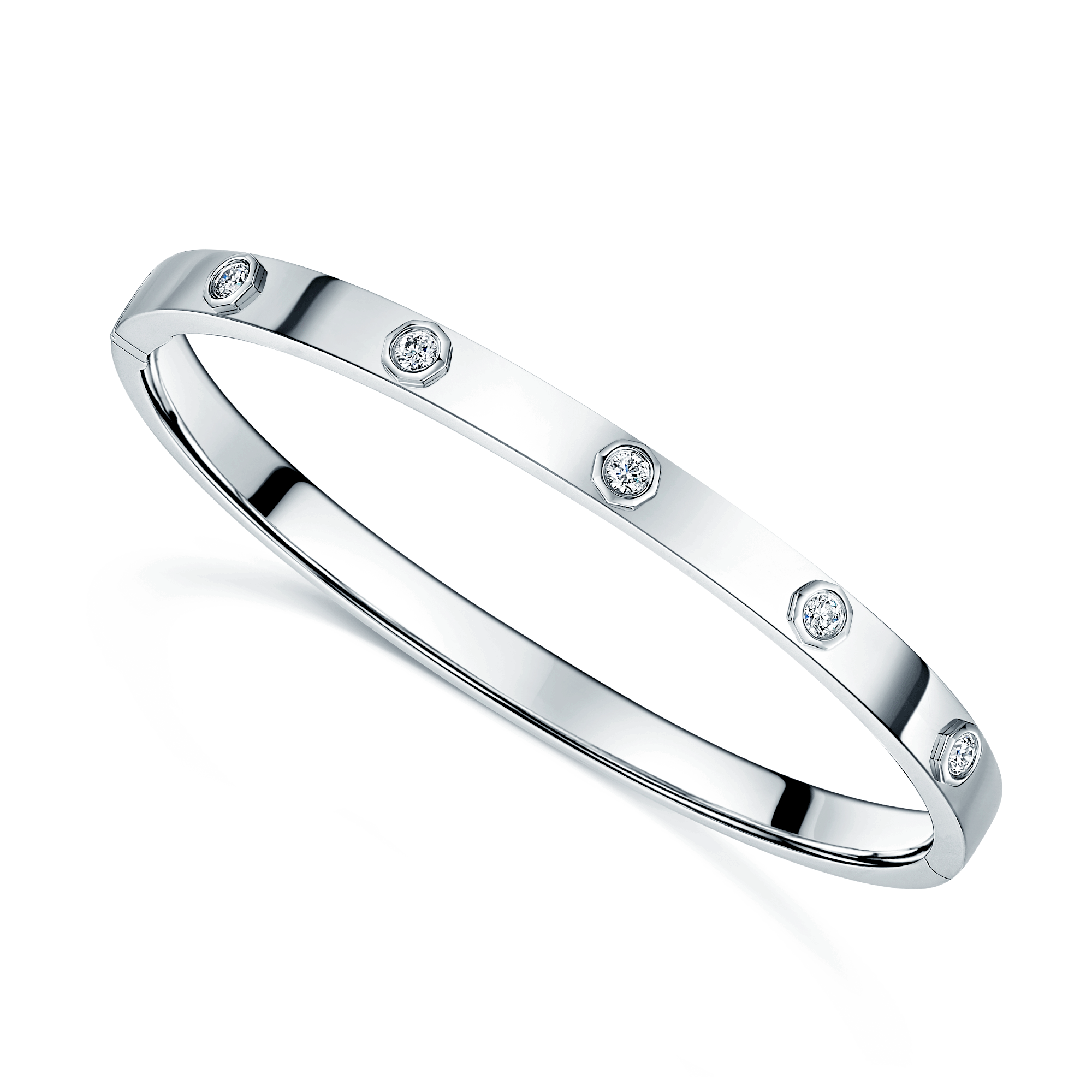 Platinum Round Brilliant Cut Diamond Rub Over Set Bangle